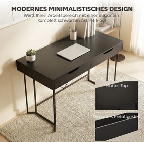 HOMCOM psací stůl s 2 zásuvkami, moderní design s kovovým rámem pro domácí kancelář a ložnici — 120 x 60 x 77 cm, černý