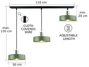 Lustr na lanku HAKI 3xE27/60W/230V zelená/černá/lesklý chrom