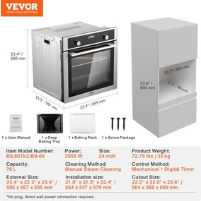 Jednostěnná trouba 61 cm elektrická vestavěná nástěnná trouba 9 funkcí – 3550 W
