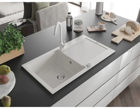 Mexen Leo, 1-komorový granitový dřez s odkapávačem 90x50 cm a kuchyňskou baterií Telma, bílá, 6501-20-670200-20