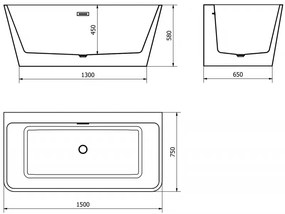 Mexen Volta, volně stojící nástěnná vana 150 x 75 cm, bílá, broušená ocel přepad, 51131507500-97