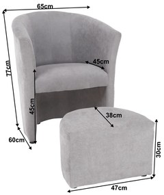 Křeslo s taburetem, látka šedá, ROSE