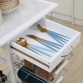 HOMCOM Kuchařský vozík na kolečkách s dlažkou a zásuvkou, 4 kovové košíky a 4 boční stojany na kořenky pro jídelnu, 57x37x83 cm Bílý