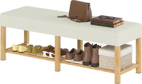 HOMCOM lavice na boty — moderní předsíňová lavice s čalouněným sedákem pro 2 osoby, otevřená police, rám z kaučukovníkového dřeva, 140 x 44 x 48 cm, k