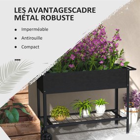 Metalová pěstební miska Outsunny se stojanem a policí 104L x 39Š x 80V cm 2 kola + zavlažovací vložka Černá