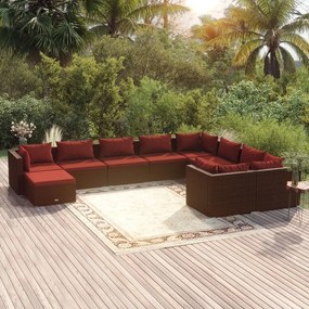 vidaXL 10dílná zahradní sedací souprava s poduškami polyratan [3102679] Barva: Hnědá a červená