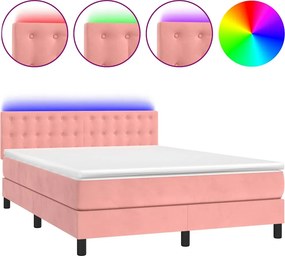 Box spring postel s matrací a LED růžová 140x200 cm samet 3134650
