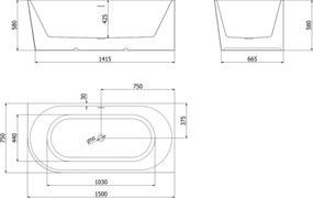 Mexen Silo, rohová volně stojící rýhovaná vana, pravá, 150 x 75 cm, bílá-černá, měděný matný přepad, 52891507575P-65