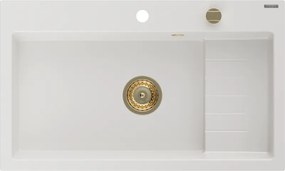 Mexen Omar, 1-komorový granitový dřez 800x480x210 mm, bílá, zlatý sifon, 6520801005-20-G