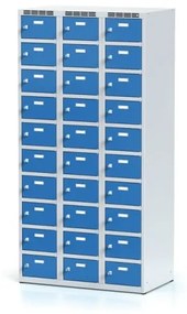 Alfa 3 Šatní skříňka s úložnými boxy, 30 boxů, modré dveře, cylindrický zámek