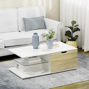 HOMCOM Moderní Design Obdélníkový Konferenční Stolek se 2 Zásuvkami, 2 Policemi a Skleněnou Policí, Bílý Dubový Vzhled 106 x 58 x 39 cm | Aosom