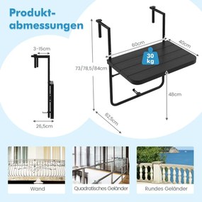 Costway Závěsný stůl skládací zábradlí pro vnitřní i venkovní použití, černý
