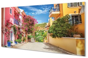 akrylový obraz Řecko květiny budovy nahoru 140x70 cm