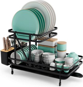 Costway Dish Drainer 2-vrstvý skládací kovový stojan na nádobí, černý