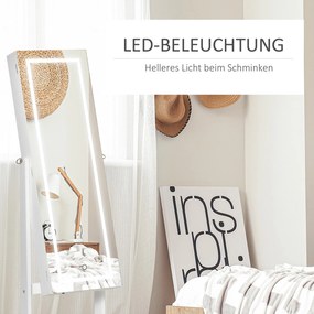 HOMCOM šperkovnice se zrcadlovou skříňkou s LED, stojací zrcadlo se 4 policemi, 46 x 36,5 x 151,5 cm