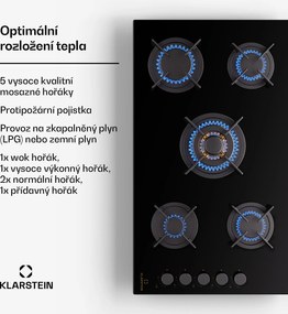 Klarstein Goldflame 5, plynová varná deska, samostatná, 5 hořáků, boční ovládání, plyn/propan, sklokeramická, černá