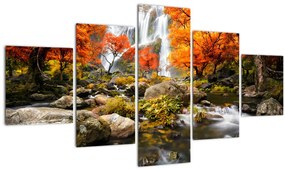 Obraz - Vodopády v oranžovém lese (125x70 cm)