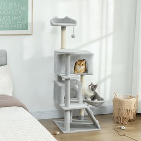 PawHut Kočičí škrabadlo 140 cm, strom pro kočky, pelíšky, hamaka, sisalové sloupky, více úrovní, světle šedé