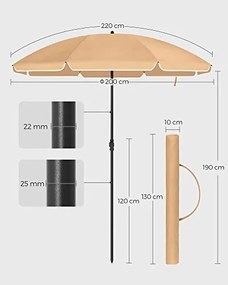 Slunečník 200 cm, UPF 50+ UV ochrana, bez základny – taupe