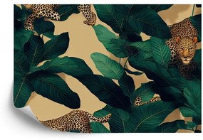 Fototapeta Seamless Tropical Pattern With Exotic Trees, Leopards, And Palm Leaves. Abstract Jungle Pattern With Leopards, Digital Vliesová tapeta 300x210