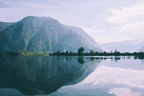 Obraz malovaná scenérie horského jezera - 90x60 cm