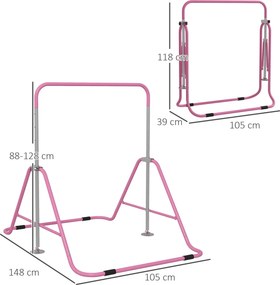 Skládací hrazda HOMCOM pro děti 3-8 let, gymnastická hrazda s 5 nastavitelnými výškami a ocelovou konstrukcí, 154x106,2x88,5-128,5 cm, Růžová