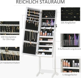 HOMCOM šperkovnice se zrcadlovou skříňkou s LED, stojací zrcadlo se 4 policemi, 46 x 36,5 x 151,5 cm