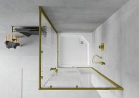 Mexen Rio, čtvercový sprchový kout s posuvnými dveřmi 90 (dveře) x 90 (dveře) x 190 cm, 5mm čiré sklo s pásky, zlatý profil + bílá sprchová vanička RIO, 860-090-090-50-20-4510