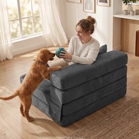 HOMCOM 2-v-1 Boneless Cloud podlahová židle, skládací spací křeslo s kordurovým vzhledem a bederním polštářem, tmavě šedá