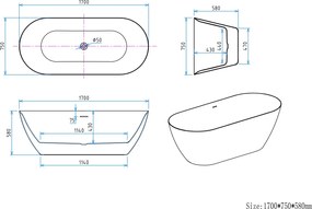 Erga Kaia, volně stojící vana 170x75 cm + odtoková zátka, bílá lesklá, ERG-Kaia-170075-WH-WH