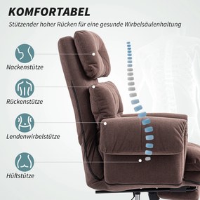 HOMCOM Kancelářská židle s nastavitelnou opěrkou zad, polstrovaná židle na kolečkách, polstrované křeslo, výškově nastavitelná, ocel, hnědá