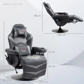 HOMCOM Herní židle s masáží, otočná o 360°, 6 masážních bodů, podnožka, odnímatelná opěrka hlavy, koženka, 79,5 x 82,5 x 111,5 cm, šedá| Aoso