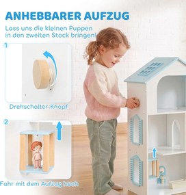 AIYAPLAY Domeček pro panenky 79,5 cm vysoký, 3patrový s výtahem, 13 kusy nábytku, balkón, velký dárek pro dívky od 3 do 6 let, modrý