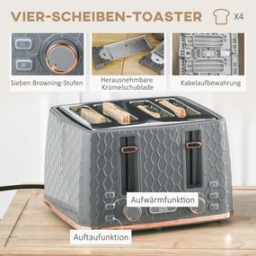 HOMCOM 2v1 kuchyňská sada, toustovač a rychlovarná konvice, různé možnosti, 1,7 l, 4 krajíce toastu najednou, plast, šedá