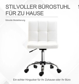 HOMCOM Kancelářská židle, ergonomická židle bez područek, výškově nastavitelná otočná židle, počítačová židle do kanceláře, studovny, umělá kůže, bílá