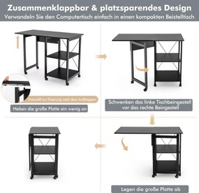 Costway Skládací počítačový stůl s 2 patrovými úložnými přihrádkami a 6 kolečky
