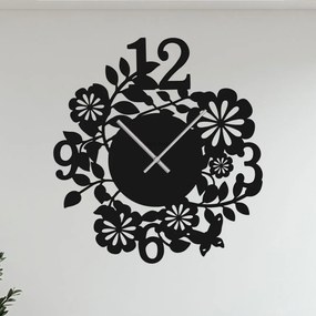 dřevo života Nástěnné hodiny FLOWERS Zvolte barvu dekoru: Černá, Zvolte velikost hodin (cm): 35x35, Barva ručiček: Stříbrné