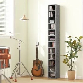 HOMCOM knihovna/CD regál se 12 přihrádkami pro 204 CD, z MDF a dřevotřísky, 21x20x175 cm, Cementově šedá