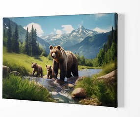 Obraz na plátně - Medvědí rodina se cachtá v potoce v údolí FeelHappy.cz Velikost obrazu: 60 x 40 cm