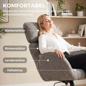 Kancelářská židle HOMCOM Velvet s vysokým opěradlem, polstrovaná, výškově nastavitelná, houpací — šedá