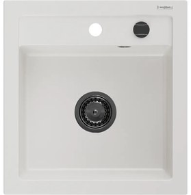 Mexen Vito, granitový dřez 520x490x210 mm, 1-komorový, bílá s černým sifonem, 6503521000-20-B