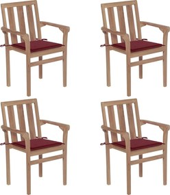 vidaXL Stohovatelné zahradní židle s poduškami 4 ks masivní teak [3073380] Barva: vínová červená