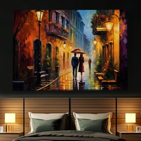 Obraz na plátně - Milenci, ulička s lampami za deště FeelHappy.cz Velikost obrazu: 150 x 100 cm