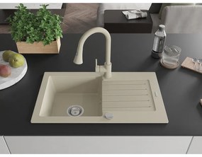 Mexen Pablo, 1-komorový granitový dřez 752x436x161 mm a dřezová baterie Elia, béžová, 6510-69-670101-69