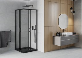 Mexen Rio, čtvercový sprchový kout s posuvnými dveřmi 90 x 90 cm, 5mm čiré sklo, černý profil + černá sprchová vanička, 860-090-090-70-00-4070B