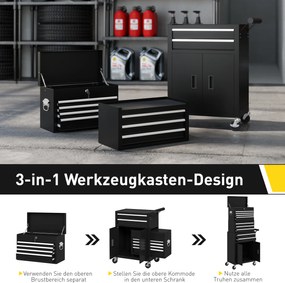 box na nářadí 3 v 1, skříňka na nářadí se 4 kolečky, uzamykatelný box na nářadí s 9 zásuvkami, ocel, černá barva
