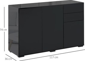 HOMCOM Buffet Skříň s Úložným Prostorem a 2 Zásuvkami, 3 Dveřmi, Nastavitelnou Policí, Dřevotřísková Deska, 117 x 36 x 74 cm Černá
