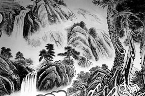 Tapeta černobílá čínská krajinomalba - 225x150 cm