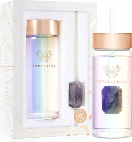 Crystallove Skleněná lahvička na vodu s ametystem a brčkem 400 ml hologram