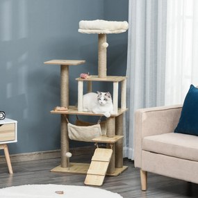 PawHut dřevěný kočičí strom s prolézačkou a kočičí jeskyní, jutové špalky, míčky na hraní, žlutý, 60x40x130cm pro aktivní kočky | Aosom.de